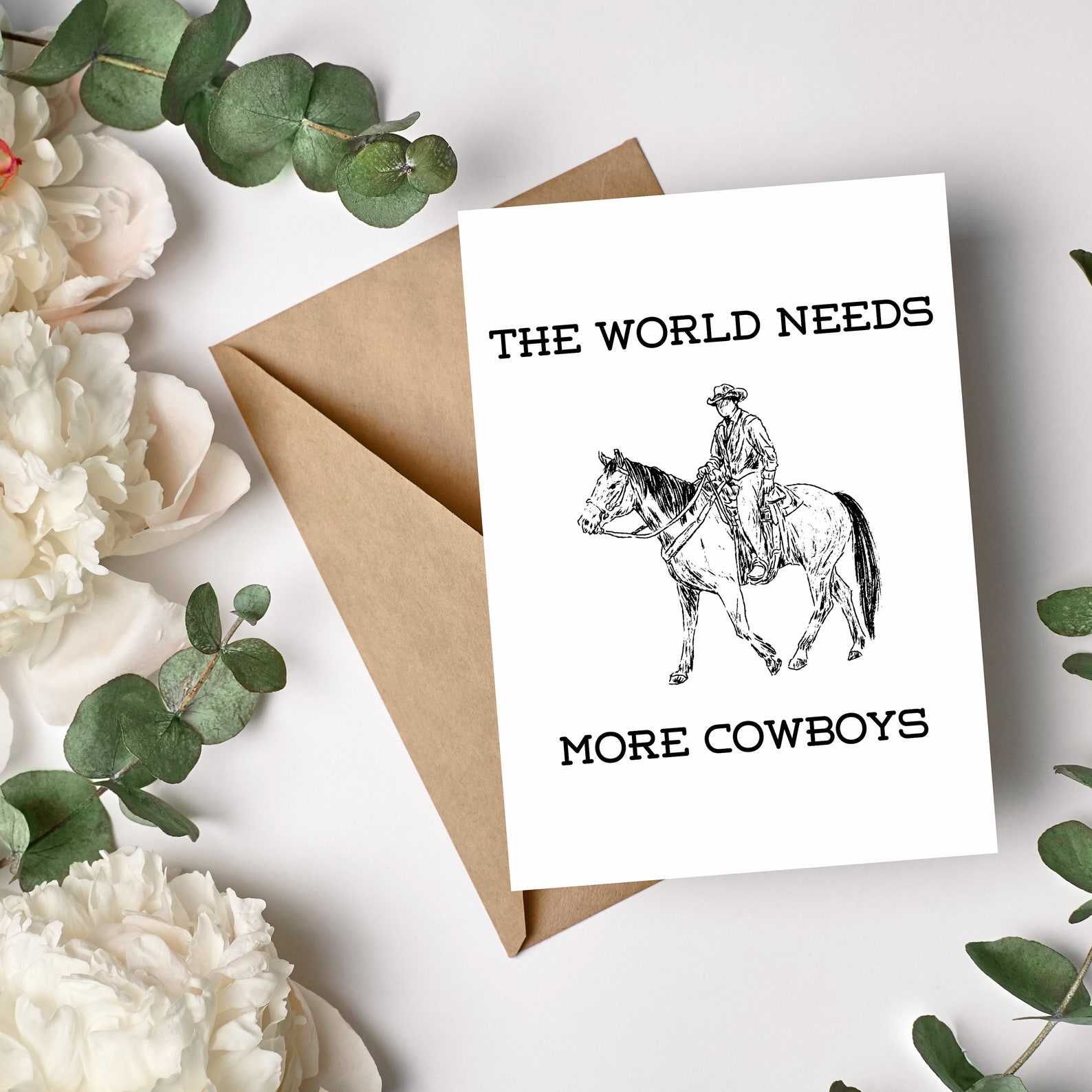 The World Needs More Cowboys, Cowboy, Bronco, Horse, Hand Drawn Card ...