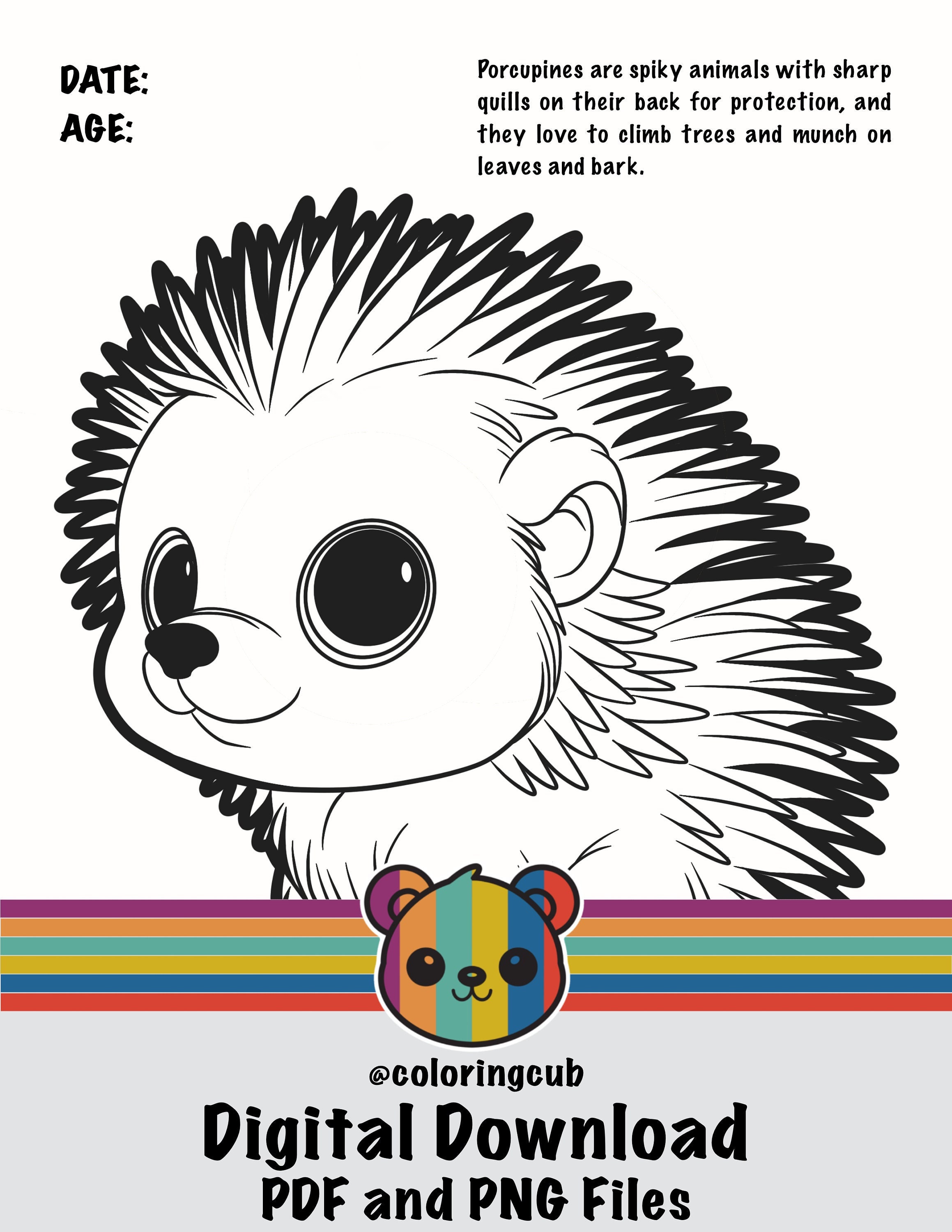 Cute Baby Porcupine Coloring Page, Digital Download, Printable Children ...