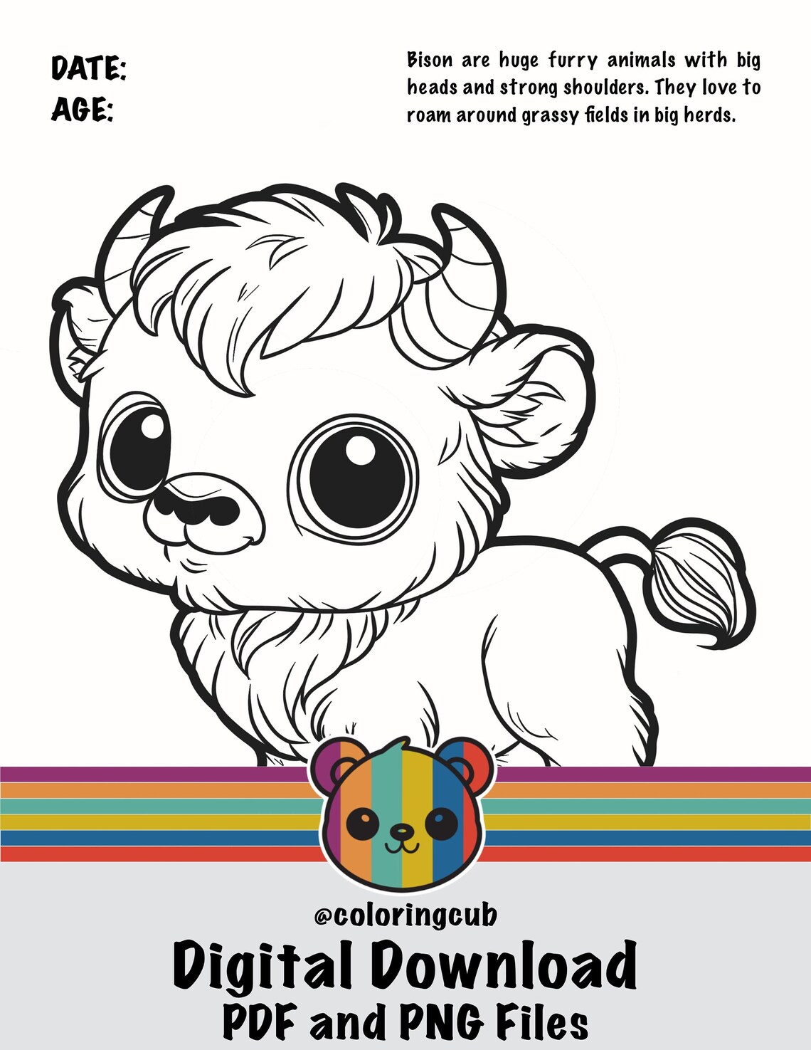 Cute Baby Bison Coloring Page, Digital Download, Printable Children's ...