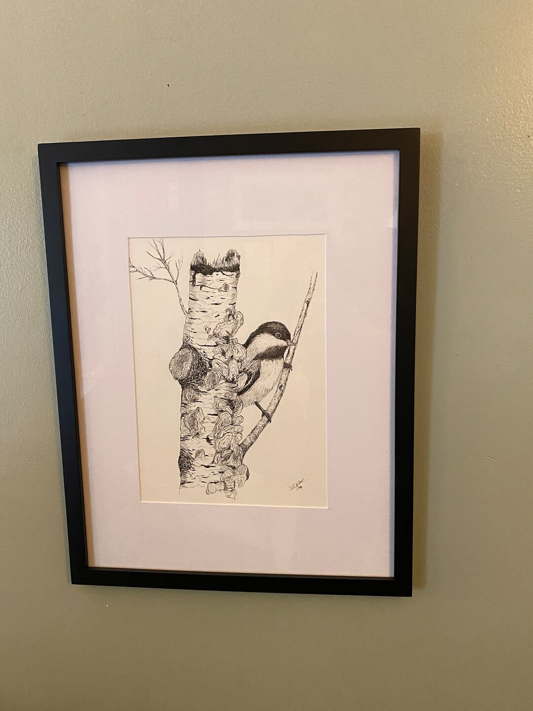 Maine Black Capped Chickadee in Birch Tree Pen and Ink Drawing Original ...