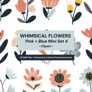 Whimsical Flowers Clipart Digital Images Pink Blue Clipart Set Instant Download Flat Design Pack ...