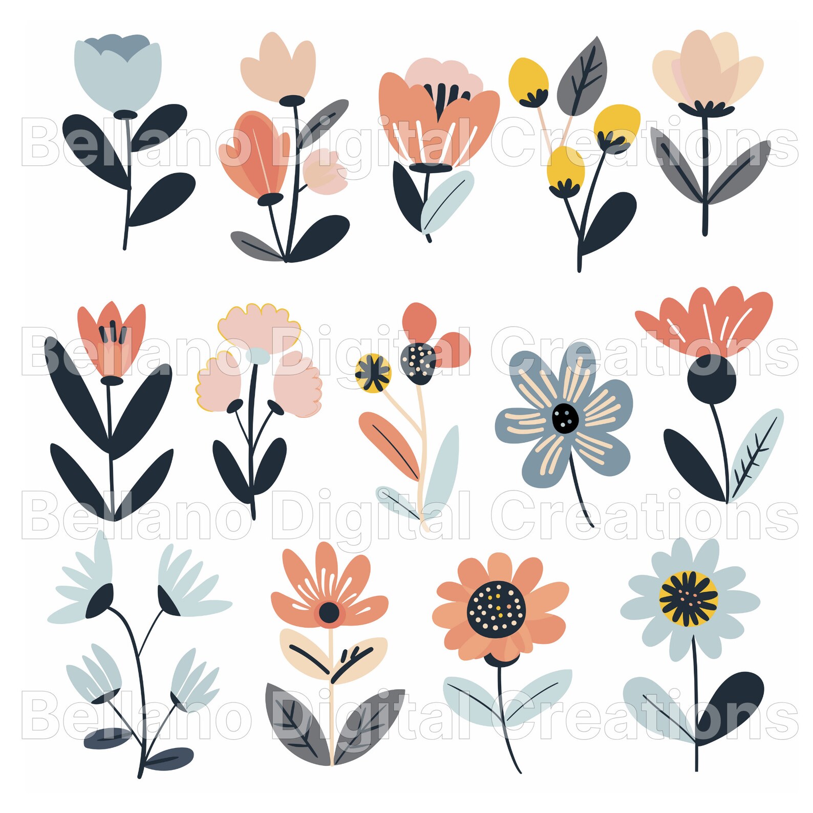Whimsical Flowers Clipart Digital Images Pink Blue Clipart Set Instant ...