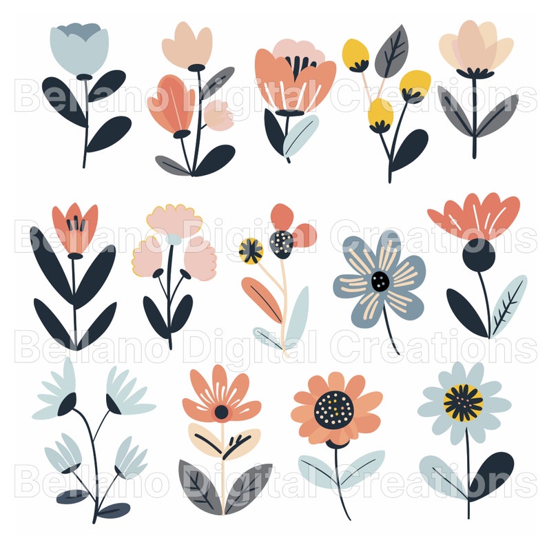 Whimsical Flowers Clipart Digital Images Pink Blue Clipart Set Instant ...