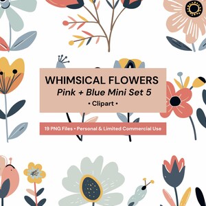 Whimsical Flowers Clipart Digital Images Pink Blue Clipart Set Instant Download Flat Design Pack ...