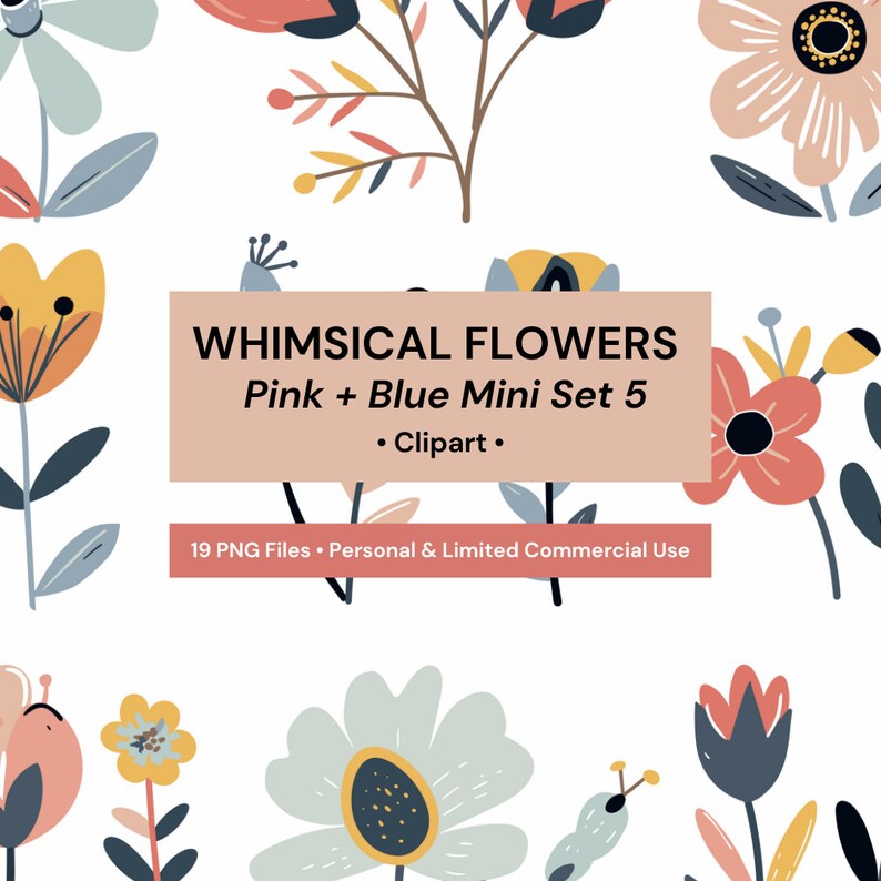Whimsical Flowers Clipart Digital Images Pink Blue Clipart Set Instant ...