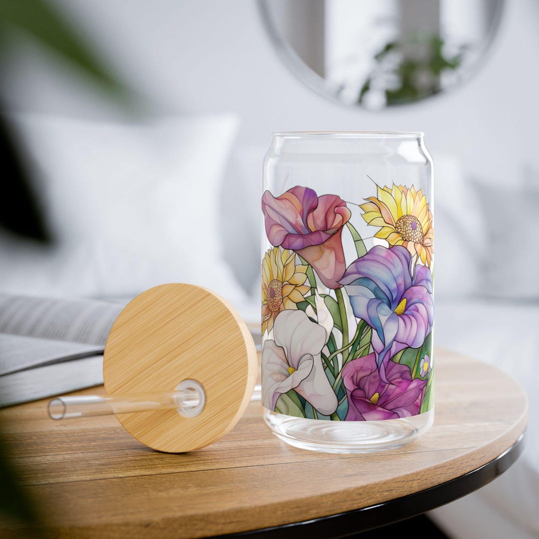 Floral Stained Glass Inspired Sipper Glass, Elegant Glass Drinkware ...