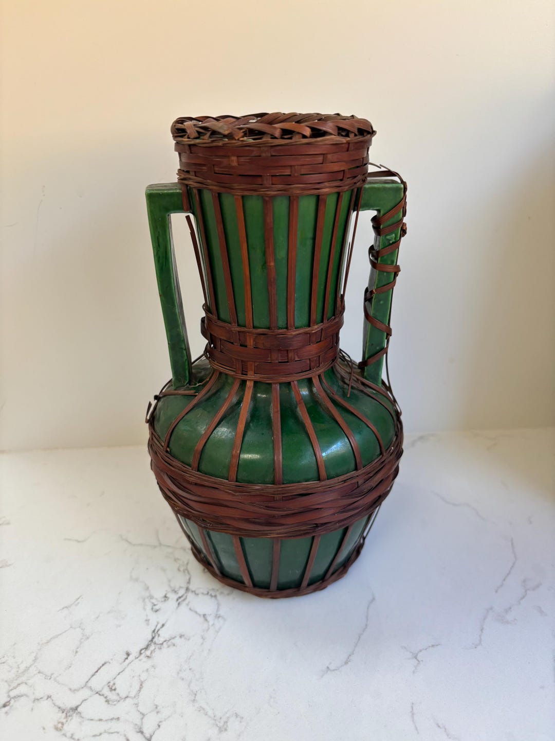 Antique Awaji Ware Japan Wicker Bamboo Emerald Green Handled Vase - Etsy