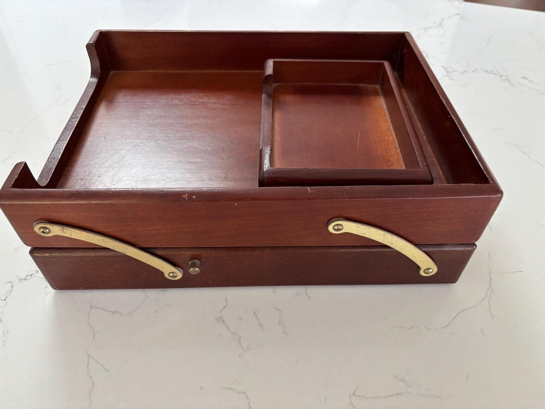 2-tier Vintage Wood and Brass Paper Tray | Inbox - Etsy