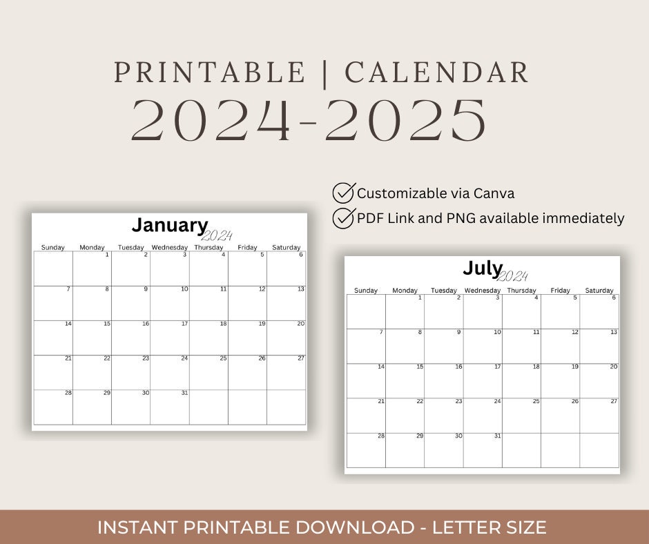 Editable 2024-2025 Printable Calendar - Landscape View, Simple and ...