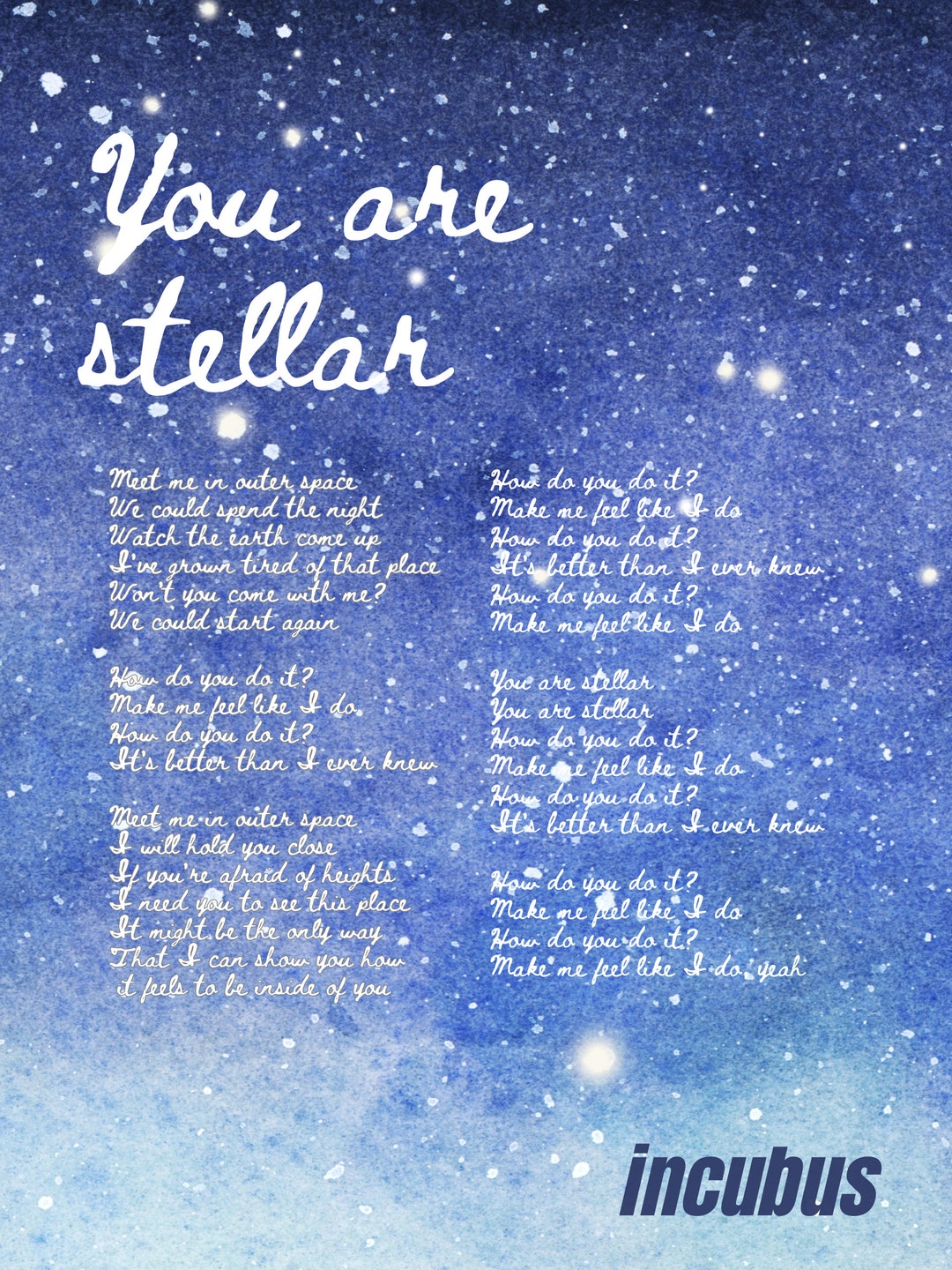 Incubus Poster, Incubus Stellar Lyrics - Etsy