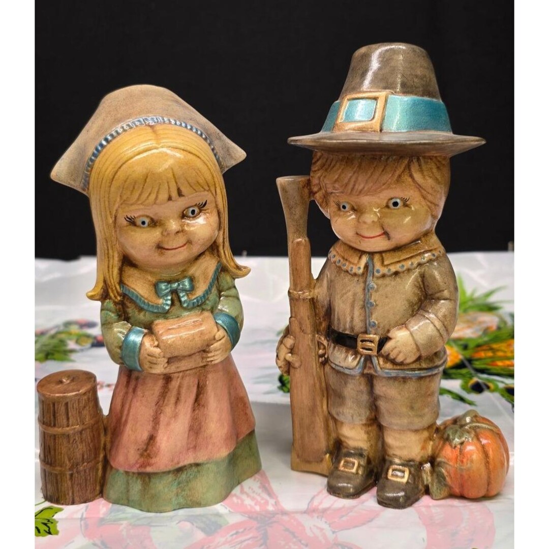 Vintage Ceramic Pilgrim Boy and Girl Figurines Hand Painted ...