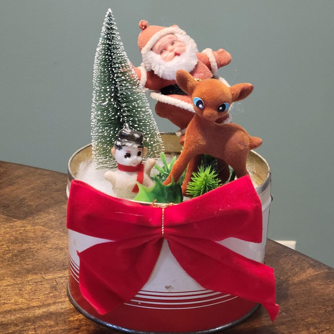 Vintage Tin With Vintage Flocked Christmas Picks Tabletop Decor - Etsy