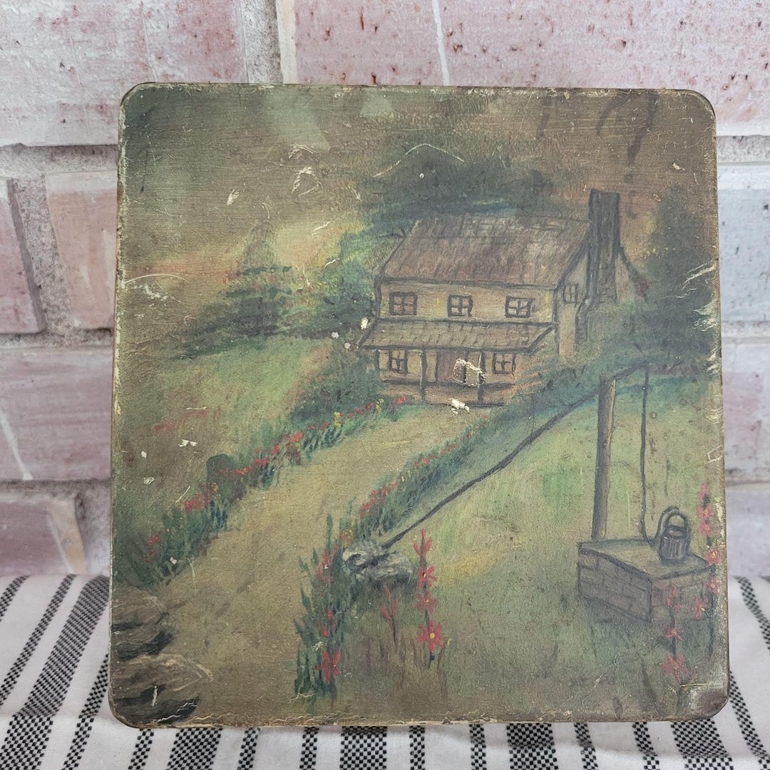 Vintage Hand-painted Tin Box With Rustic Countryside Scene - Etsy