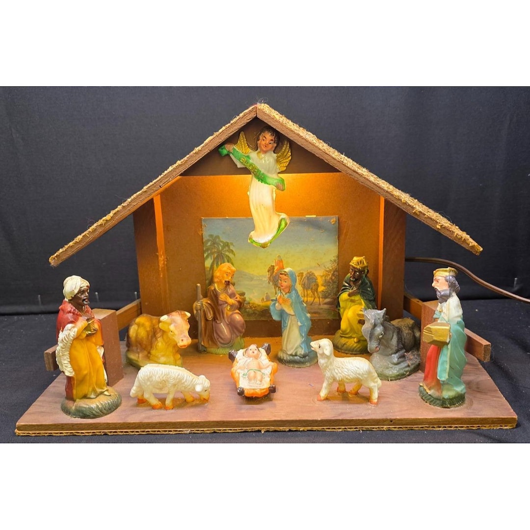 Vintage MCM Wooden Nativity Manger 11pc Light up Holiday Christmas ...