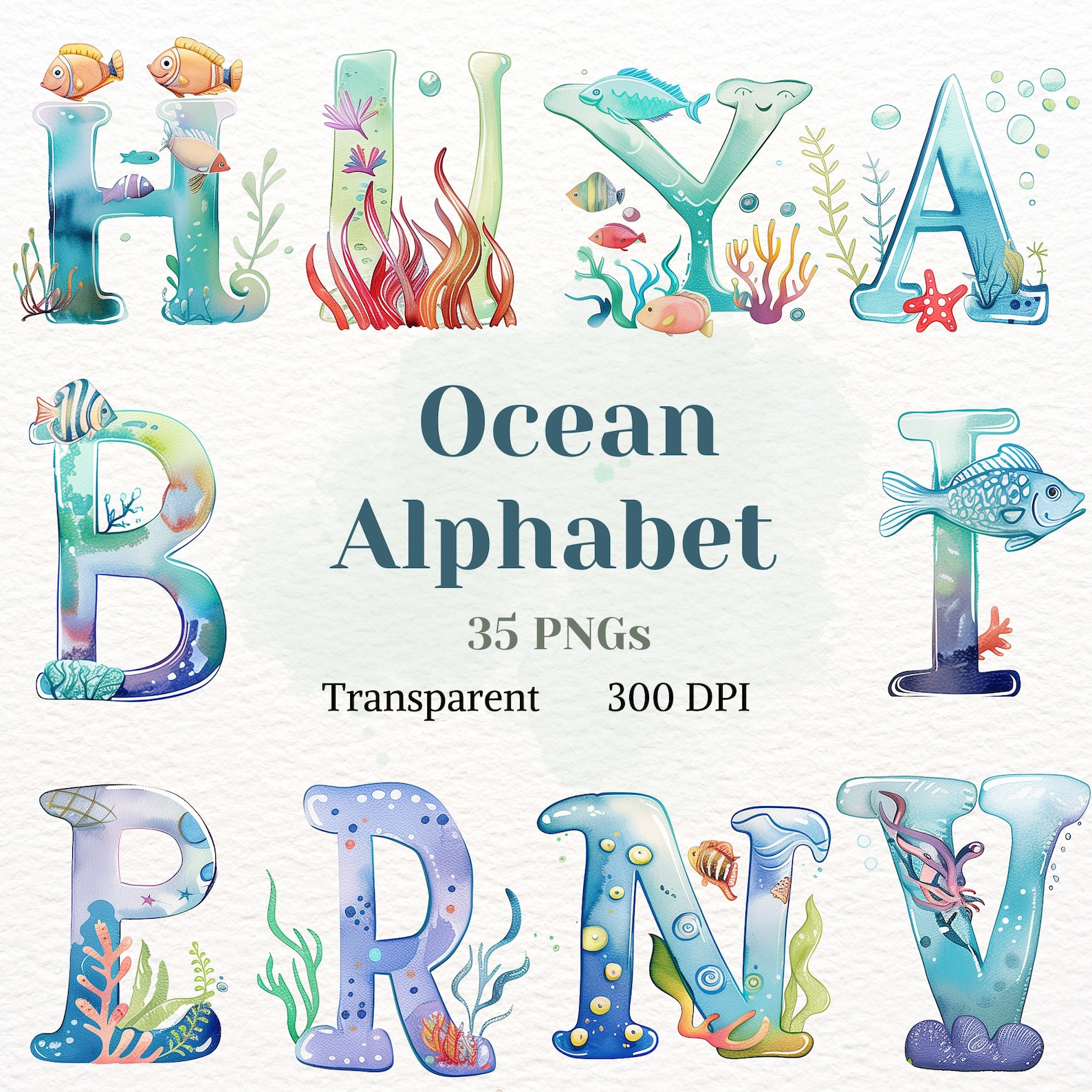 Ocean Alphabet Clipart Watercolor Transparent Sealife Graphic Name ...