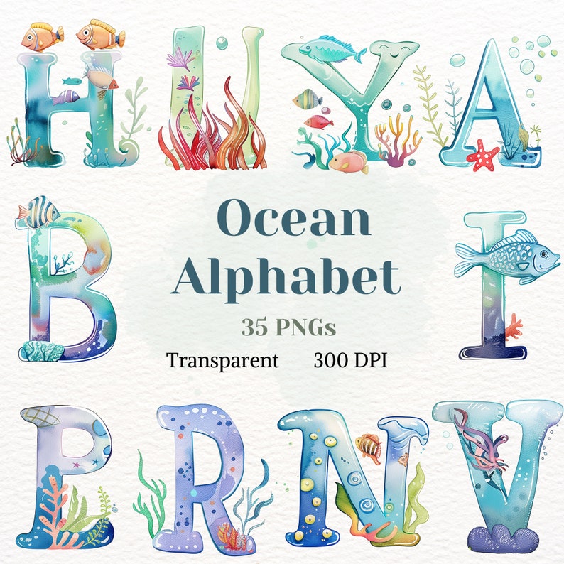 Ocean Alphabet Clipart Watercolor Transparent Sealife Graphic Name ...