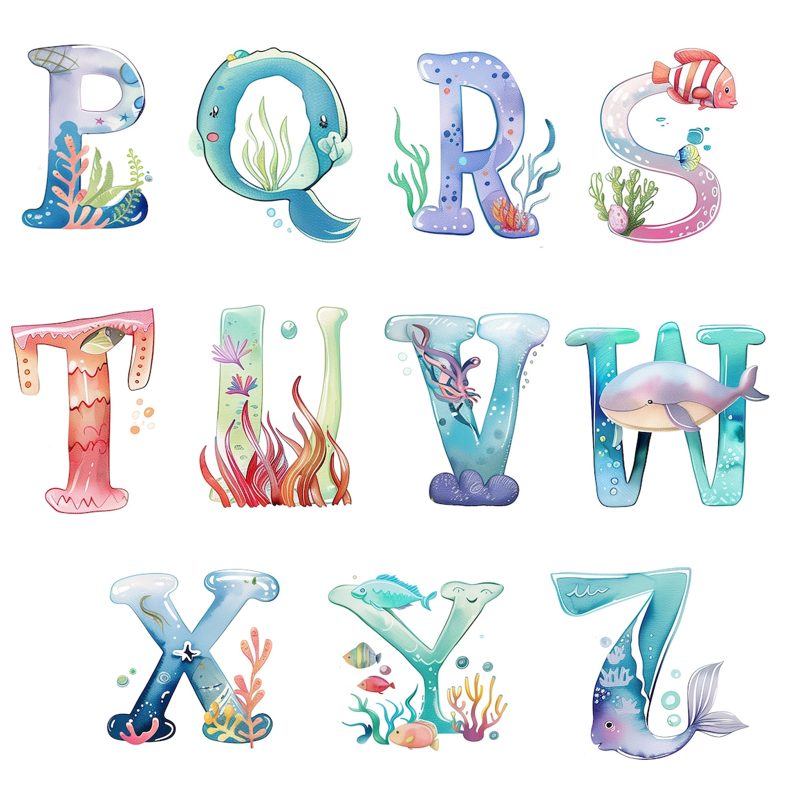 Ocean Alphabet Clipart Watercolor Transparent Sealife Graphic Name ...