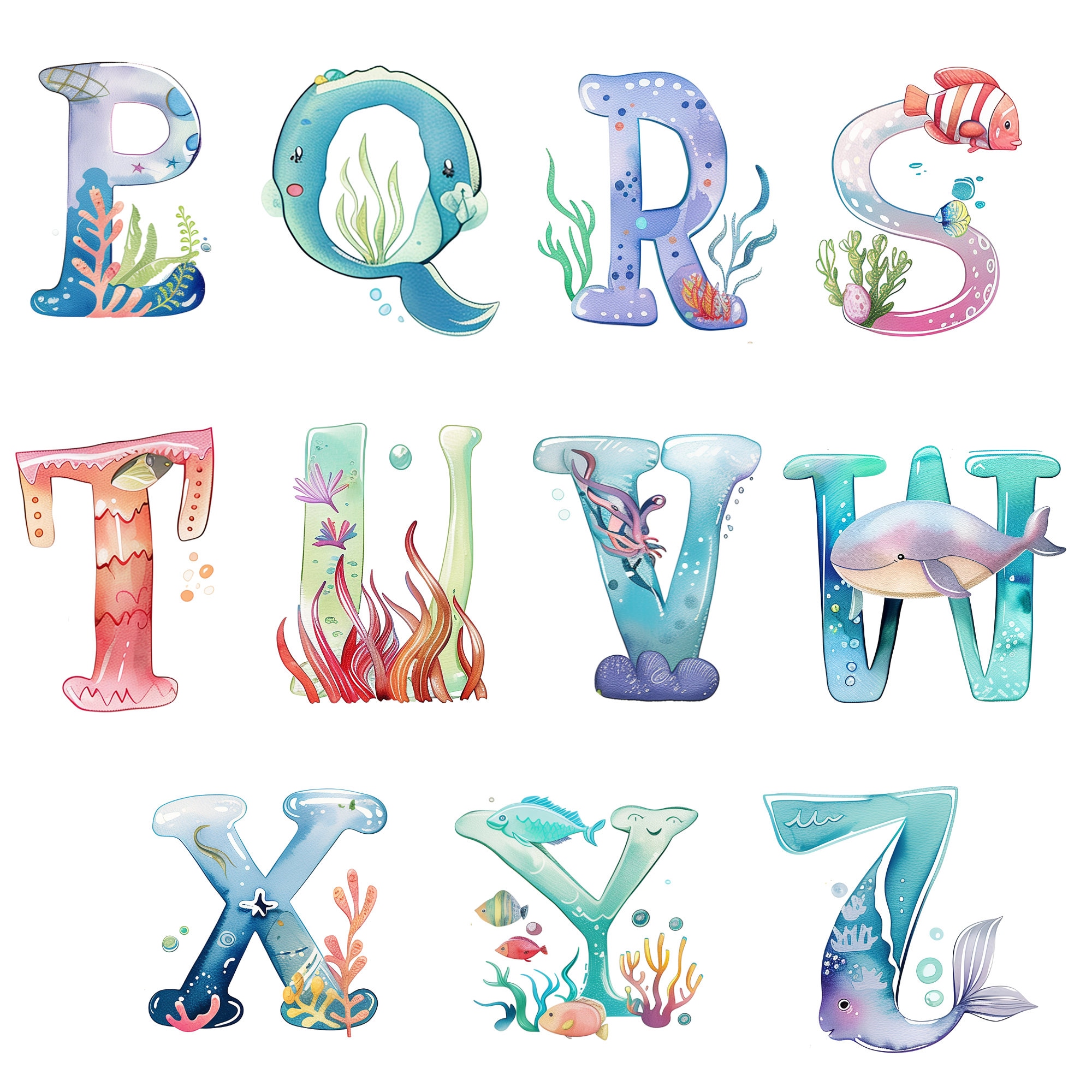 Ocean Alphabet Clipart Watercolor Transparent Sealife Graphic Name ...