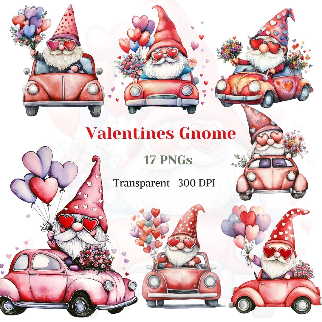 Valentine Gnome Clipart Bundle, Cute Watercolor Gnomes PNG, 12x12 ...