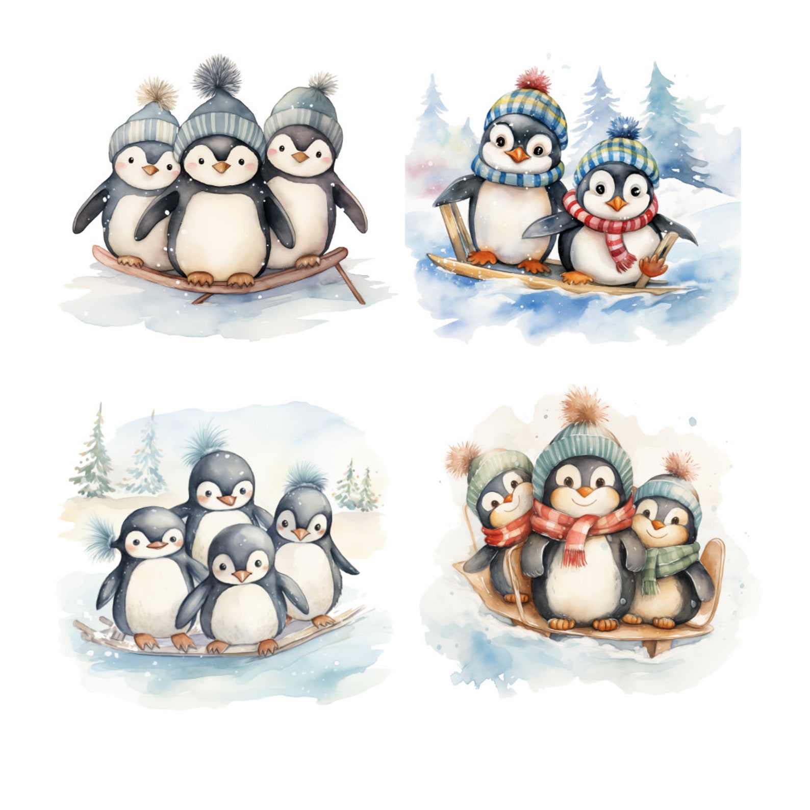 Adorable Penguin Clipart Watercolor PNG Winter Sport Graphic Cute Ice ...