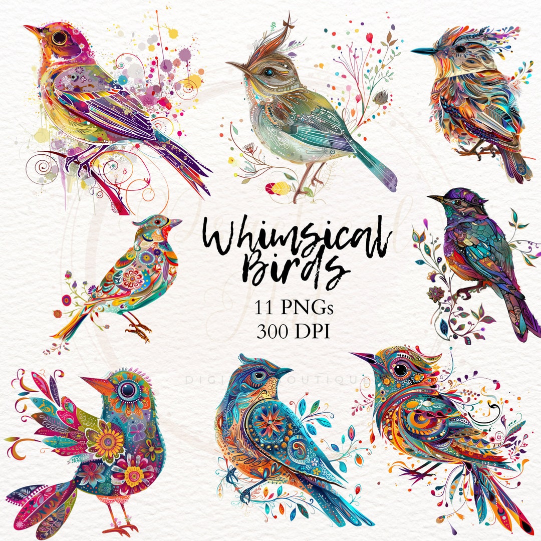 Whimsical Bird Clipart, Forest Bird PNG, Colorful Chick Drawing, Nature ...