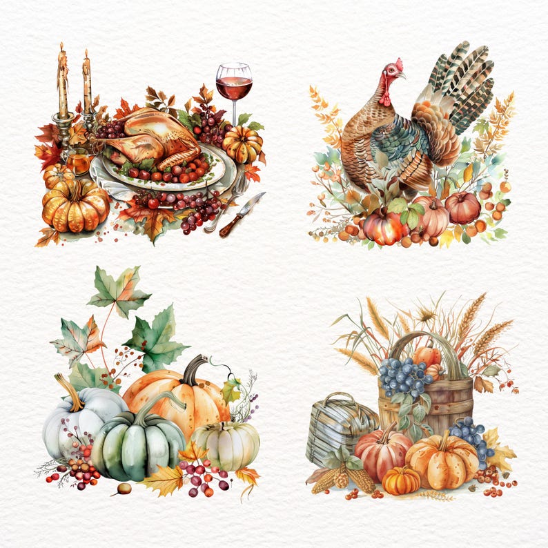 Thanksgiving Clipart, Watercolor Thanksgiving Turkey PNG, Fall Graphic ...