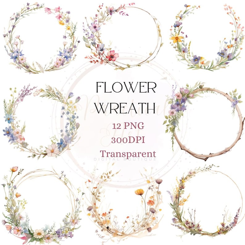 Watercolor Flower Wreath Clip Art, Wild Flower Wreath PNG, Meadow Flora ...