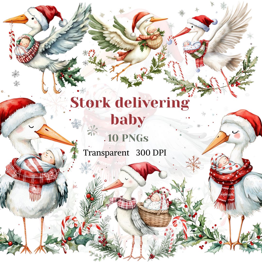 Stork Delivering Baby Clipart, Watercolor Christmas Stork PNG, Winter ...