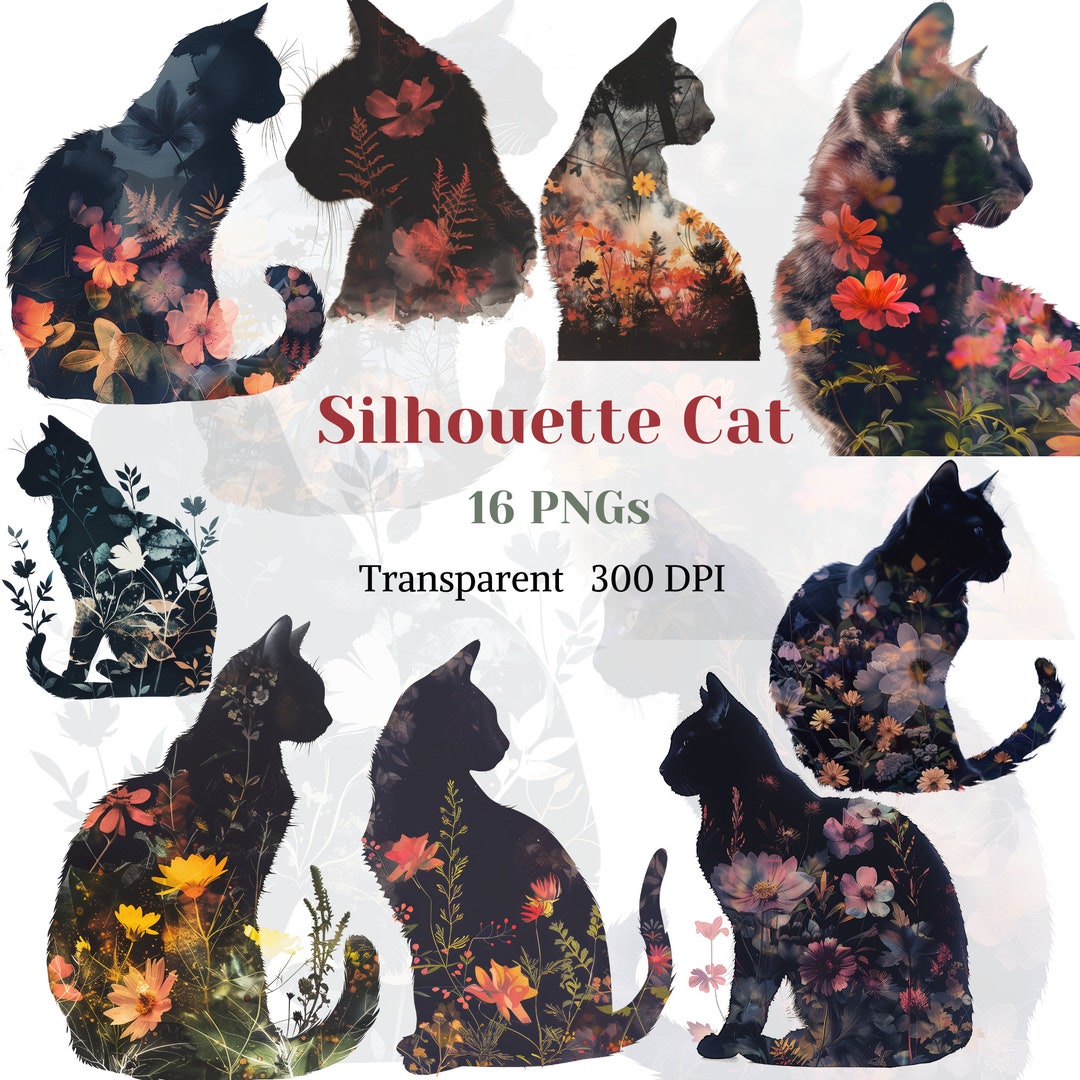Silhouette Cat Clipart, Meow Pussy Cat Image, Black Cat Illustration ...