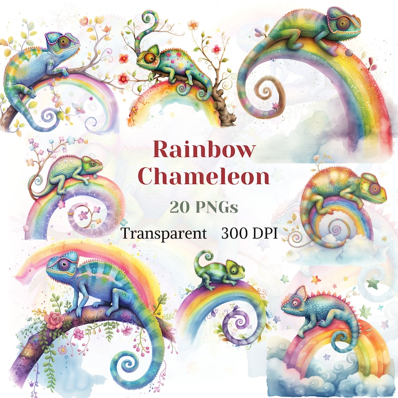 Rainbow Chameleon Clipart, Adorable Chameleon Image, Watercolor Baby ...