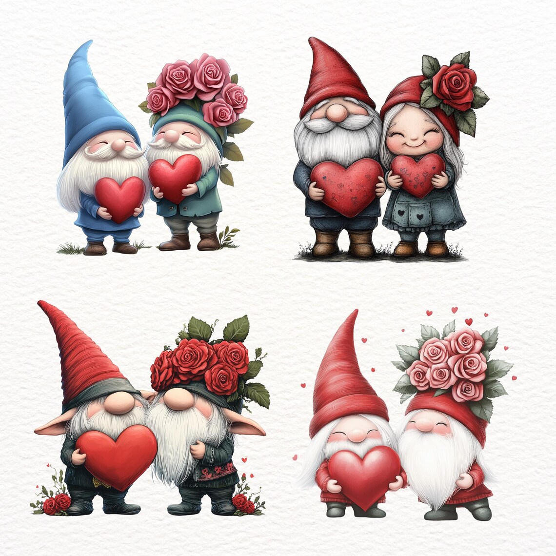 Valentine Gnome Couple Clip Art, Watercolor Gnomes Partners Image, Love ...