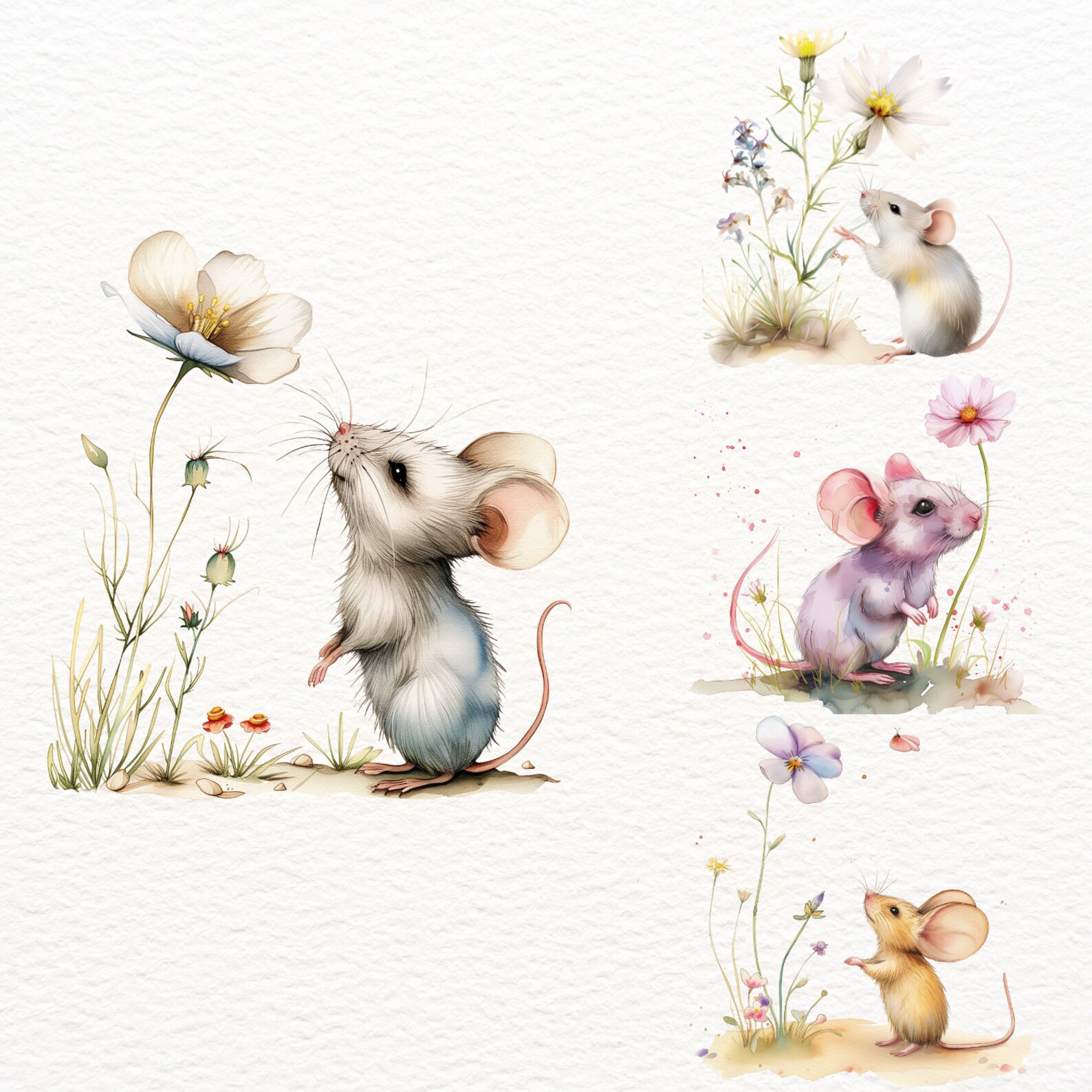Cute Mouse and Flower Clipart Watercolor Transparent PNG Mice Floral ...
