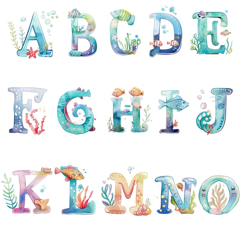 Ocean Alphabet Clipart Watercolor Transparent Sealife Graphic Name ...