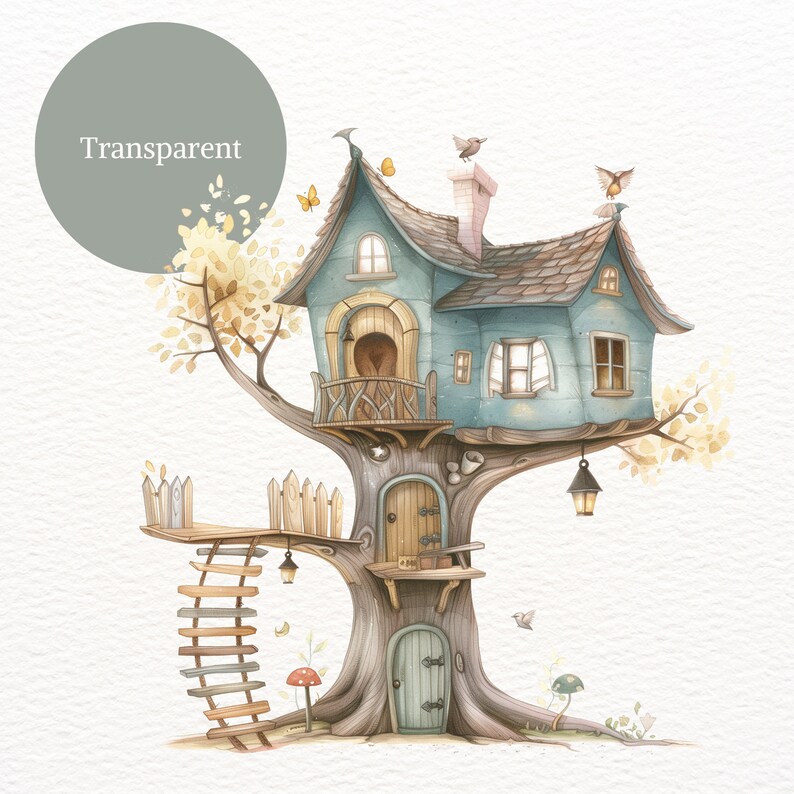 Whimsical Tree House Clipart Watercolor Transparent PNG Tree House ...