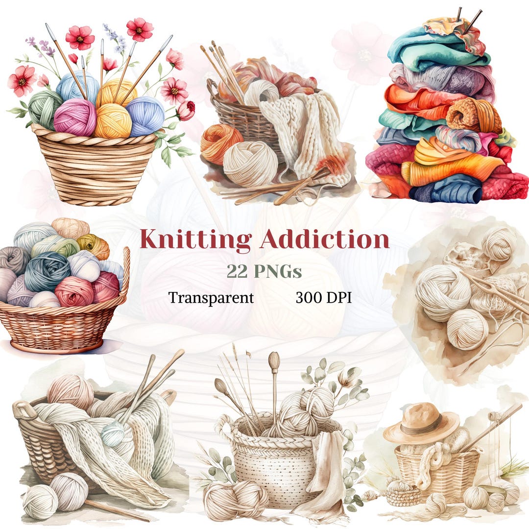 Knitting Addiction Clip Art, Watercolor Knitting Wool PNG, Yarn Pattern ...