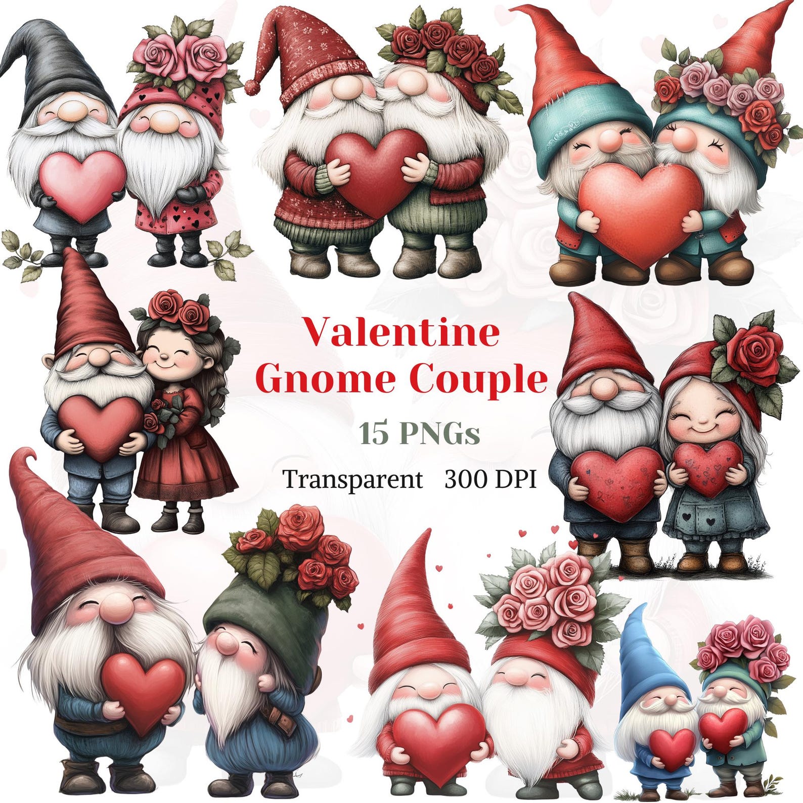 Valentine Gnome Couple Clip Art, Watercolor Gnomes Partners Image, Love ...