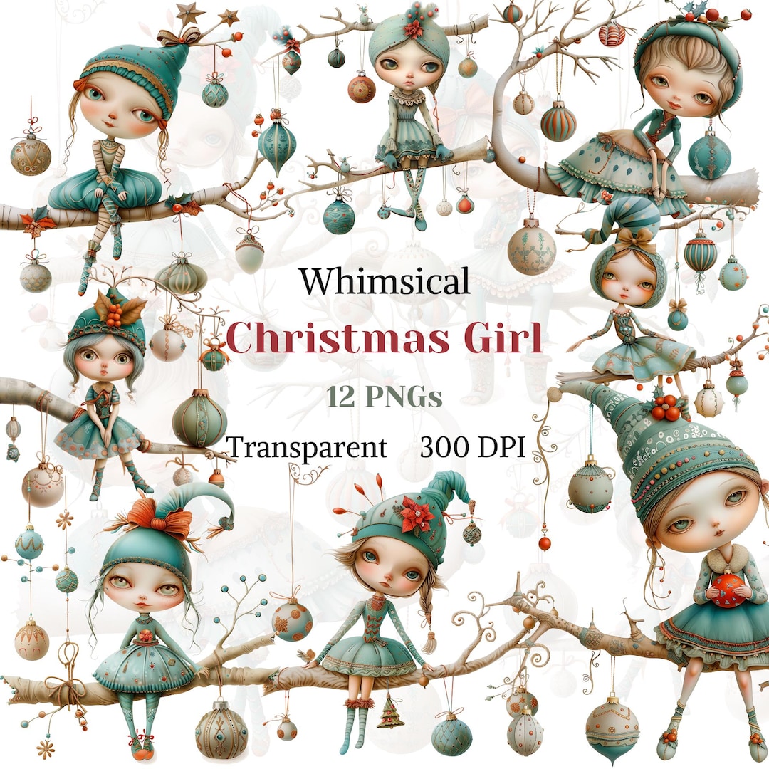 Whimsical Christmas Girl Clipart Watercolor Transparent PNG Cute Noel ...