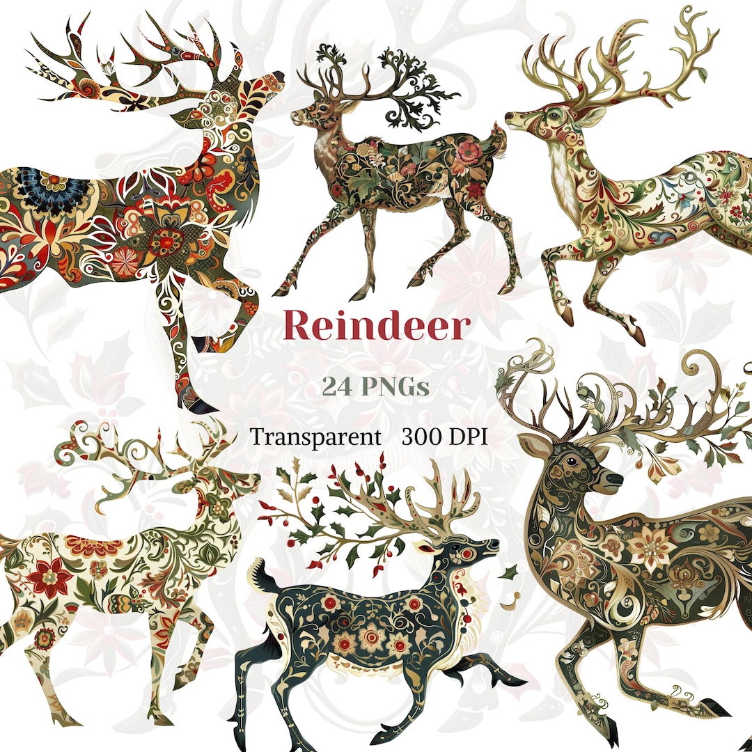 Reindeer Clip Art , Reindeer PNG, Christmas Deer Graphic, Rustic Floral ...