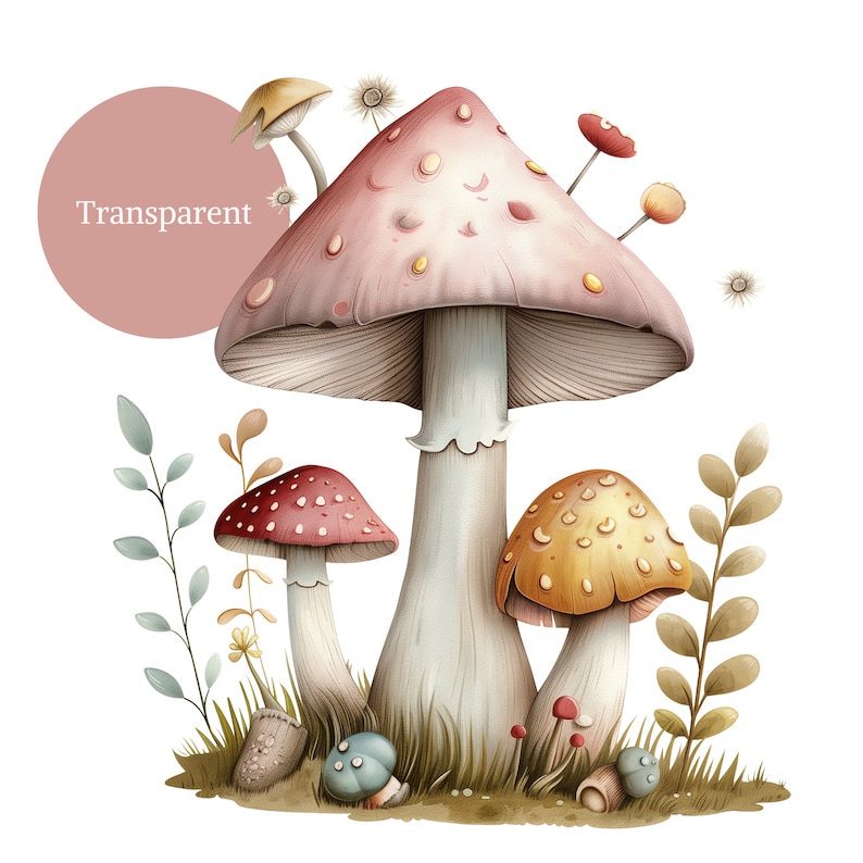Pastel Mushroom Clipart Watercolor Transparent PNG Whimsical Mushroom ...
