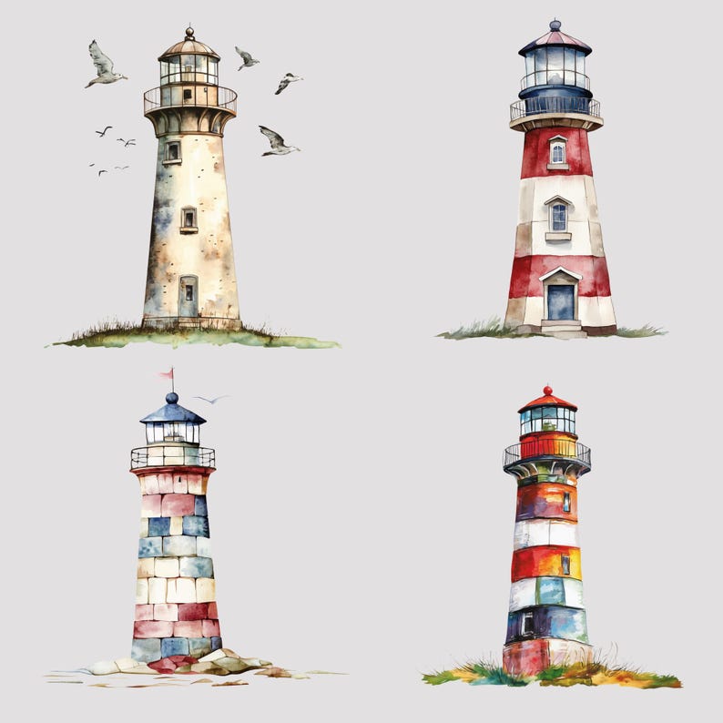 Vintage Lighthouse Clipart, Watercolor Patchwork Lighthouse PNG, Retro ...