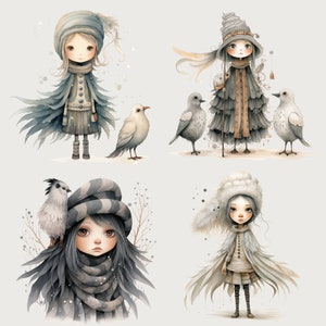 Whimsical Bird Girl Clipart, Adorable Girl Image, Watercolor Girl in ...