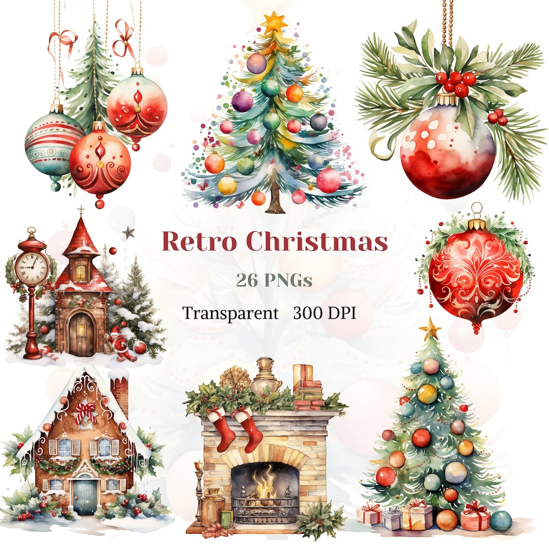 Retro Christmas Clipart, Watercolor Christmas Ornament PNG, Noel Winter ...