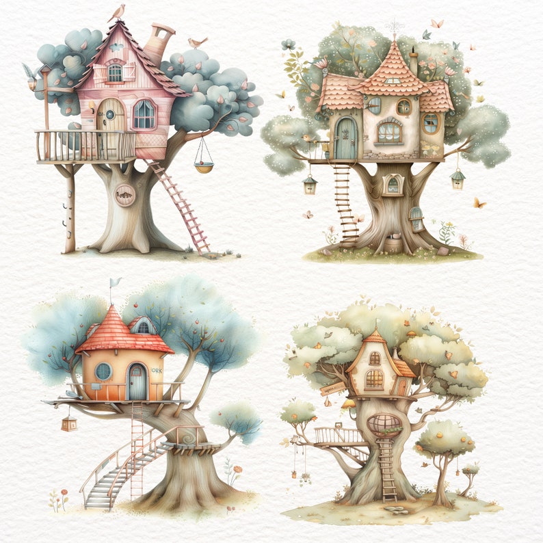 Whimsical Tree House Clipart Watercolor Transparent PNG Tree House ...
