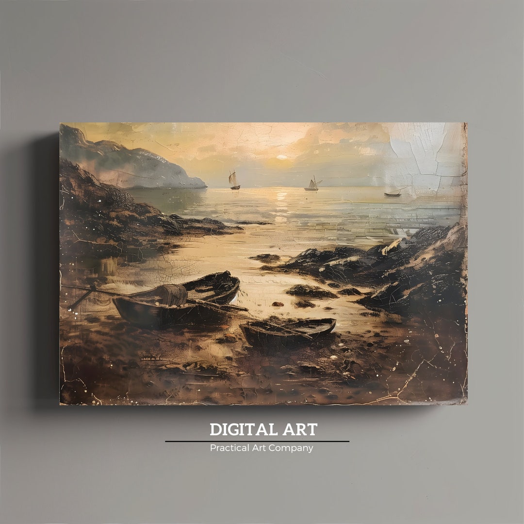 Printable Rocky Beach With Boats Drawing Vintage Seascape Oil Painting ...