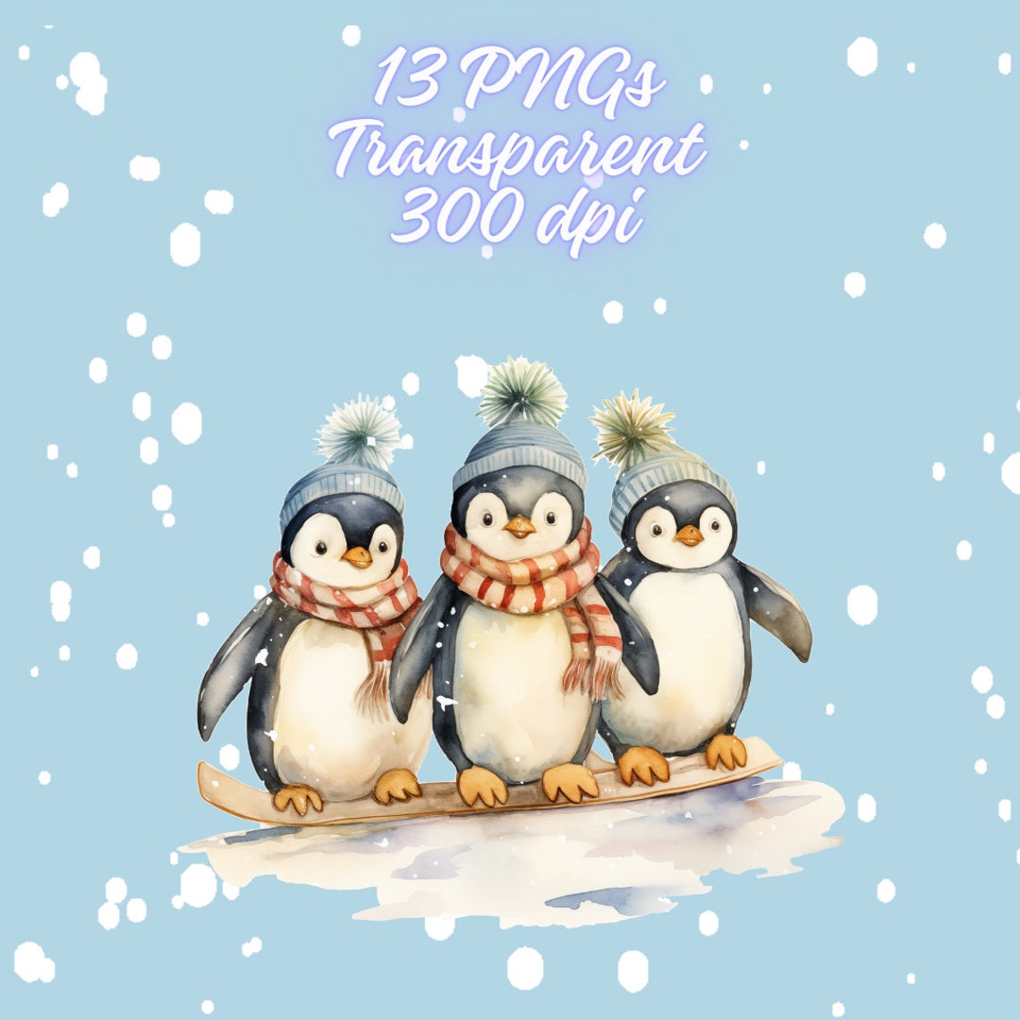Adorable Penguin Clipart Watercolor PNG Winter Sport Graphic Cute Ice ...