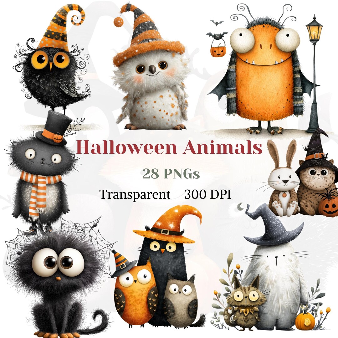 Halloween Animals Clipart, Cute Animals PNG, Whimsical Animal Graphic ...