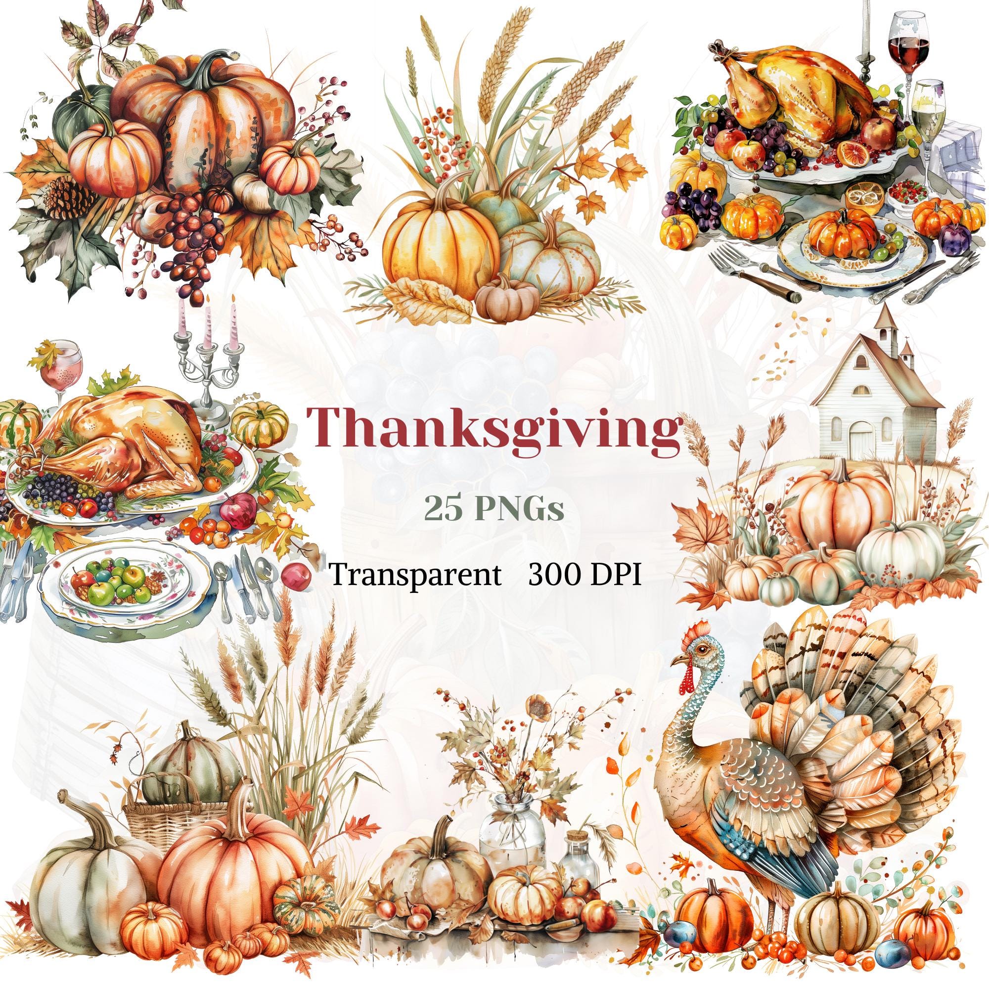 Thanksgiving Clipart, Watercolor Thanksgiving Turkey PNG, Fall Graphic ...
