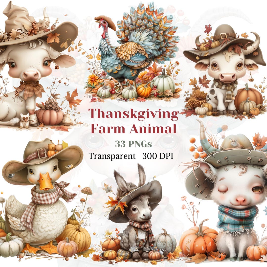 Thanksgiving Farm Animal Clipart, Whimsical Animal PNG, Fall Season ...