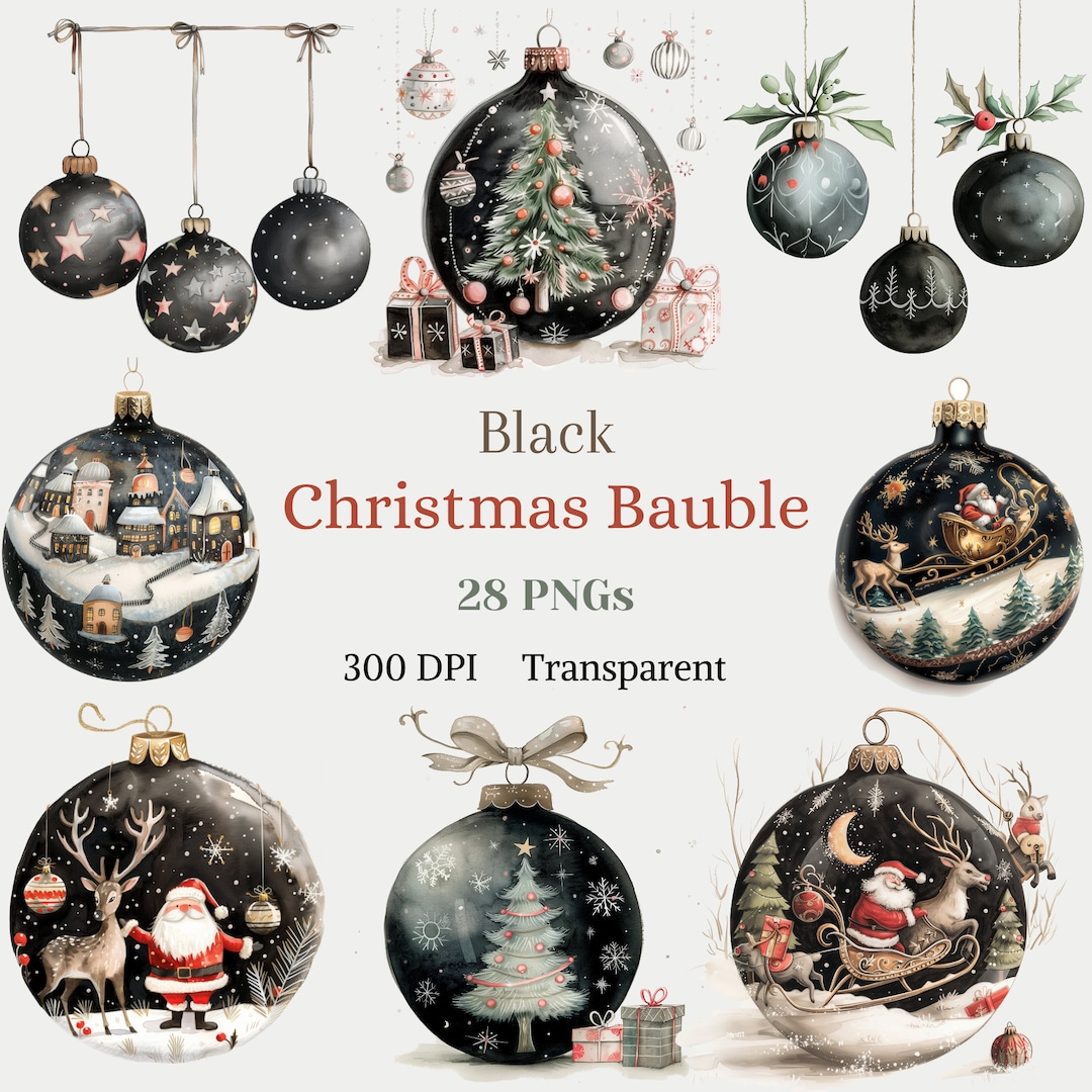 Black Christmas Bauble Clipart Watercolor Transparent PNG Noel Winter ...