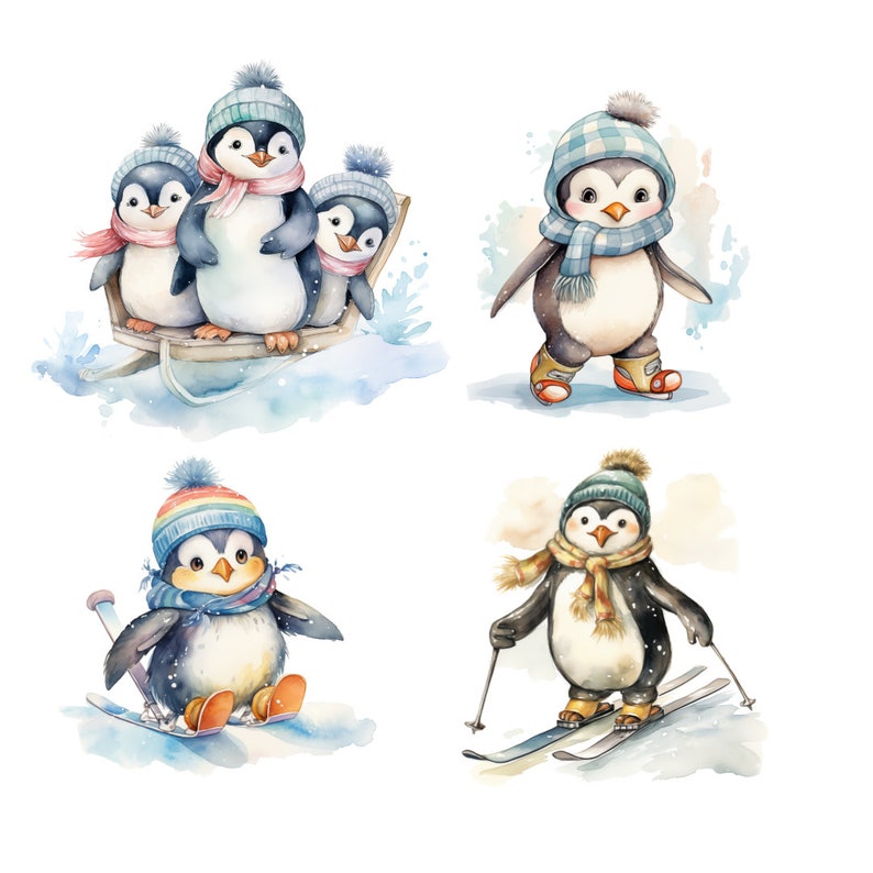 Adorable Penguin Clipart Watercolor PNG Winter Sport Graphic Cute Ice ...